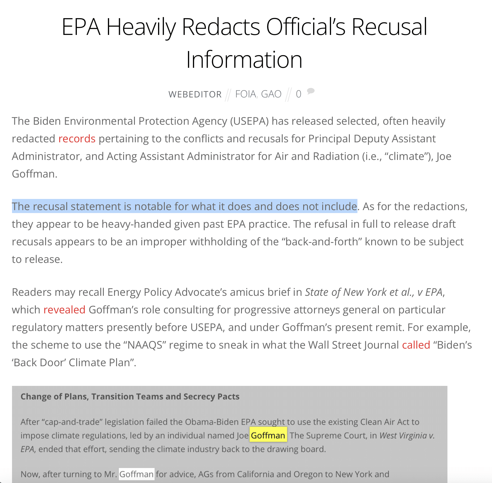 Biden EPA Appointee Under Ethics Scrutiny (for the least of his ...